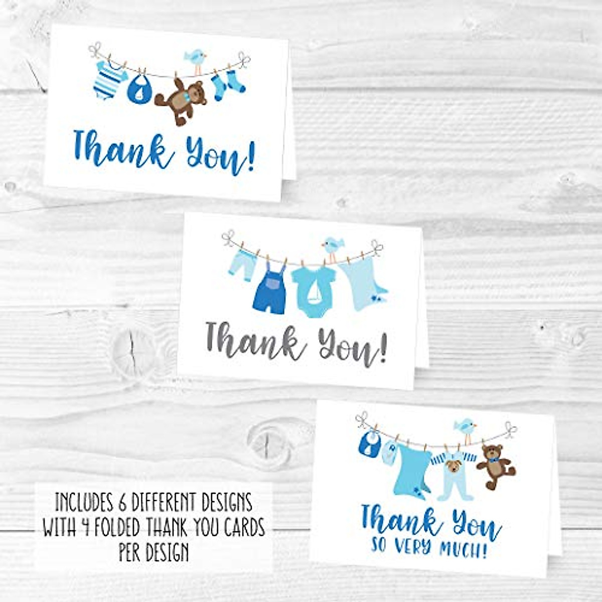 24 Blue Clothesline Baby Shower Thank You Cards With Envelopes, Boy Sprinkle Thank-You Note, 4x6 Gratitude Card Gift For Guest Pack, Gender Reveal DIY So Grateful Varied Little Onesie Event Stationery
