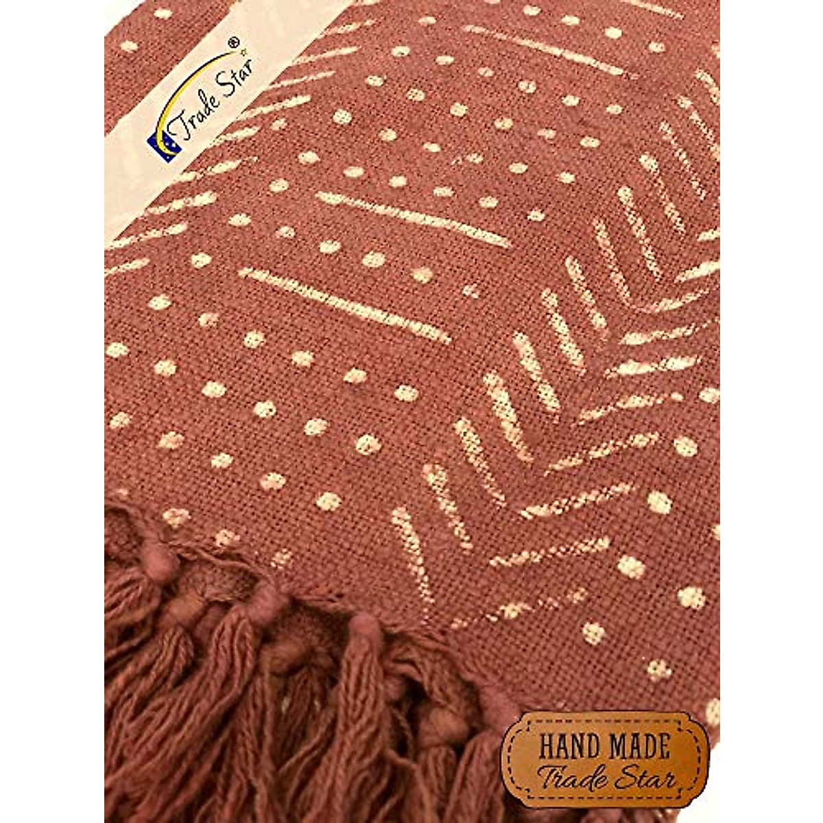 Trade Star Decorative Ethnic Block Print Throw Blanket for Couch 100% Cotton Soft Tassel Blanket Handmade Mudcloth Throw for Home Handloomed Housewarming Gift (Rust, Snow (120 x 170 Cms))