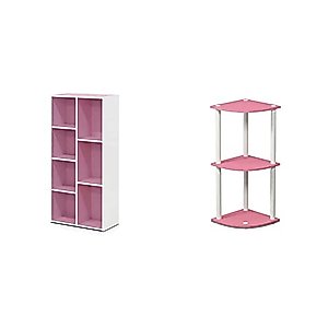 Furinno 7-Cube Reversible Open Shelf, White/Pink 11048WH/PI & Turn-N-Tube 3-Tier Reversible Corner Display Rack Multipurpose Shelving Unit, Pink/White