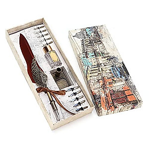 Tissting Quill Pen Feather Calligraphy Pen Set with 10 Replacement Nib,1 Ink Bottle,1 Pen Holder,Retro Writing Suit for Couple Teacher Stationery Gift(Brown)
