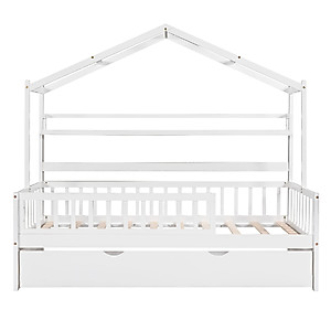 Harper & Bright Designs Wooden Twin Size House Bed with Trundle,Kids Bed with Shelf, White (Twin, White+Trundle)