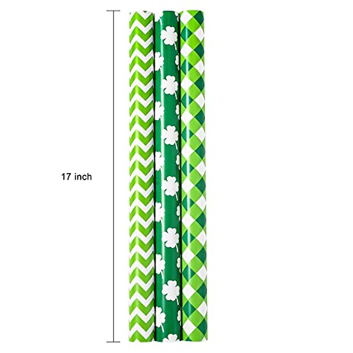 Packanewly Wrapping Paper Roll for St. Patrick Day - 17 inch x 120 inch (3-Pack, 42.3 sq.ft.ttl.) Mini Roll - Green Color Design with Geometry, Four-leaf Clovers，Wave