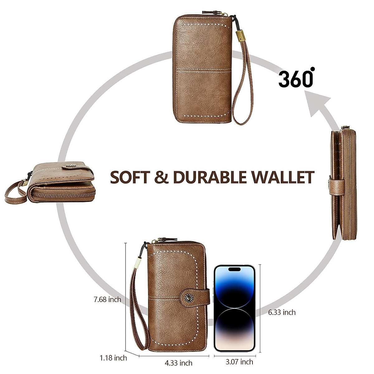 TFKGS Wallet for Women RFID Blocking Leather Large Capacity Card Holder Ladies Phone Clutch Travel Long Purse Wristlet Brown