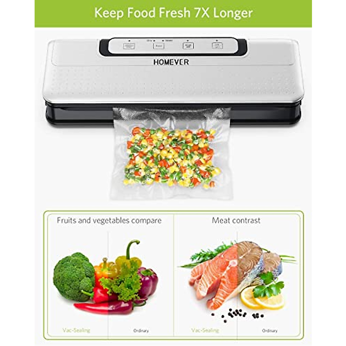 HOMEVER Vacuum Sealer Machine, Automatic Food Sealer with Led Indicator Lights Easy to Clean Dry Moist Food Modes Include 20 Packing Bags