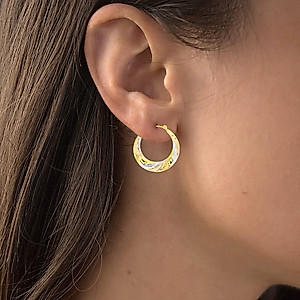 14K Tricolor Gold 3mm Thick High Polished Swirl Hoop Earrings with Hinged Clasp | 3x25mm Hoop | Swirl Earrings | Solid Gold Earrings For Women