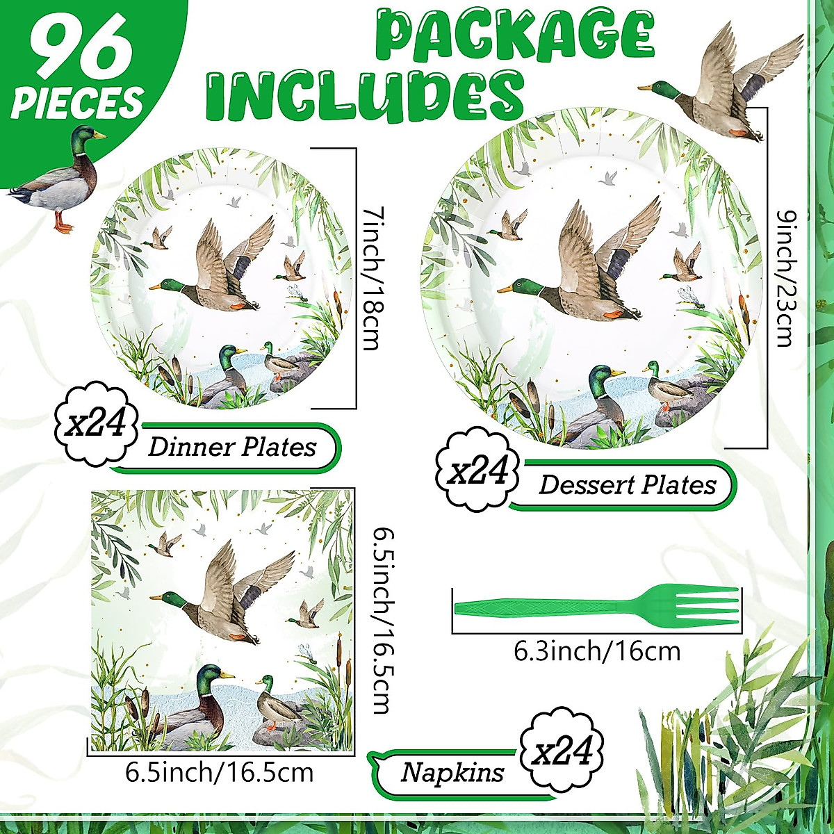 Sunnyray 96 Pcs Mallard Duck Party Decorations Supplies Duck Hunting Birthday Party Tableware Set Mallard Duck Baby Shower Plates Napkins Forks for 24 Guests