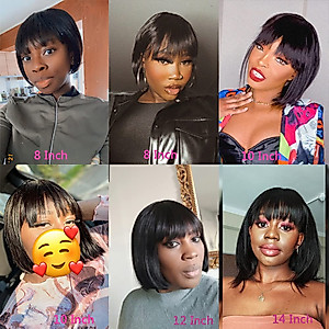 WENYAN Short Bob Wig Human Hair with Bangs 8 Inch None Lace Front Wigs for Black Women Brazilian Virgin Straight Hair 150% Density Machine Made Bob Wigs Natural Color