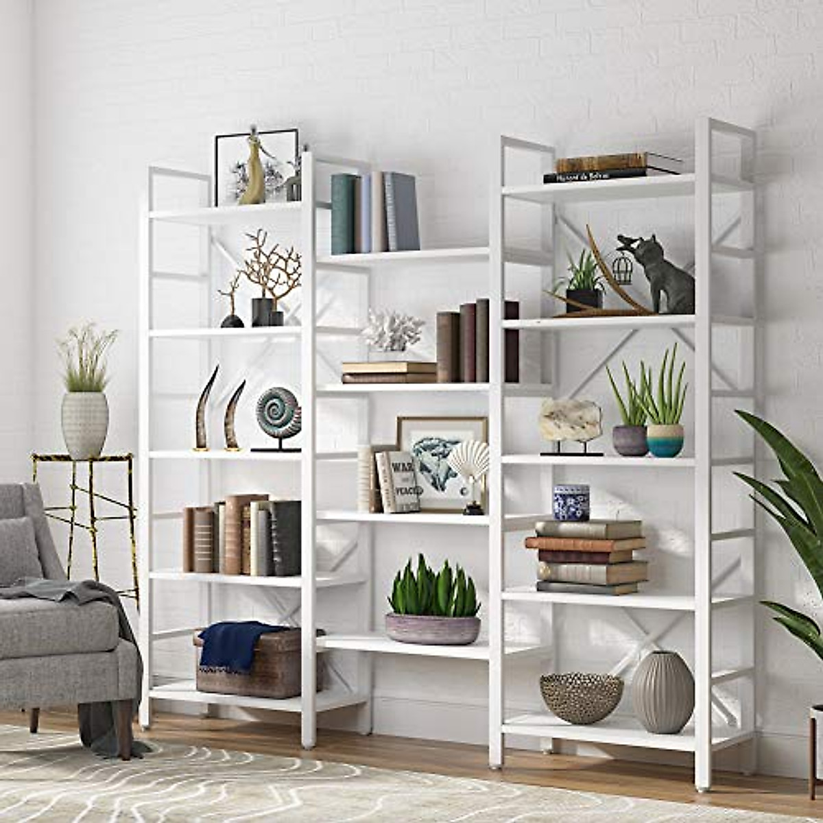 Tribesigns Triple Wide 5-Shelf Bookcase, Etagere Large Open Bookshelf Vintage Industrial Style Shelves Wood and Metal bookcases Furniture for Home & Office, All White