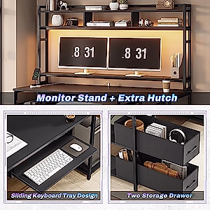 SEDETA Gaming Computer Desk, 55" Gaming Desk with LED Lights and Hutch, Computer Desk with Drawer, Power Outlet, Storage Shelves and Monitor Stand, Home Office Desk, Gamer Desk PC Table, Black