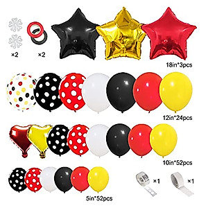 JULLIZ 142pcs Mickey Mouse Balloons Garland Kit, Foil Confetti Black Red Yellow White for Cartoon Mickey Theme Birthday Shower Decorations