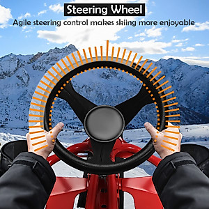 Goplus Snow Racer Sled, Ski Sled Slider Board with Steering Wheel, Twin Brakes, Retractable Pull Rope, for Kids Age 6 & up, Holds Two Children or a Teenager (Reinforced Version)