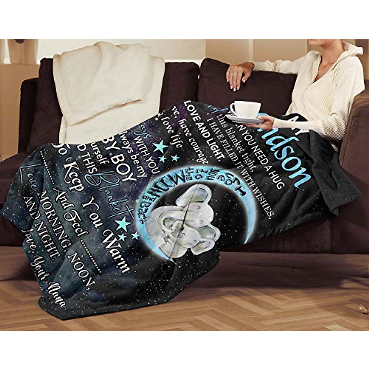 VTH GLOBAL Personalized Custom Grandpa Grandma Name to My Grandson Birthday Christmas Fleece Sherpa Blanket Bed Throw Graduation Grandfather Papa Grandmother Mimi Nana Sign Tapestry (Elephant Theme)