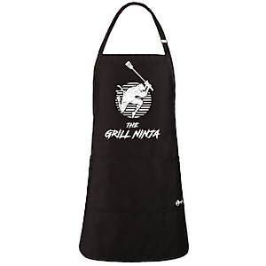 ApronMen, The Grill Ninja BBQ Grilling Funny Aprons For Men With Adjustable Straps One Size Fits All Cooking Aprons With Pockets - Professionally Printed Gifts For Dad