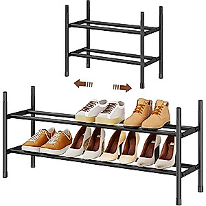 FANHAO 2-Tier Expandable Shoe Rack, Stackable and Adjustable Shoes Organizer Storage Shelf for Closet Entryway, 100% Stainless Steel Sturdy Shoe Shelf, Matte Black