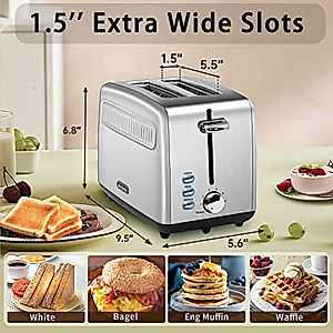 SEEDEEM Toaster 2 Slice, Stainless Steel Bread Toaster, 7 Shade Settings, 1.5'' Extra Wide Slots Toaster with Bagel, Defrost, Reheat Function, Automatic Power-off, Removable Crumb Tray, 900W, Silver Metallic