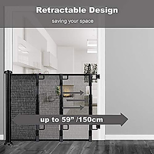 Retractable Baby Gate Dog Gate - Wiscky Extra Wide Safety Gates 33" Tall, Extends to 59" Wide, Easy to Roll and Latch Dogs Gate for Doorways, Stairs, Hallways, Deck, Banisters Indoor/Outdoor (Black)