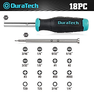 DURATECH Multi-bit Screwdriver Set, 18-in-1 Screwdriver with T-bar and Precision Screwdriver Stored in Shaft, Phillips/Slotted/Torx/Square, Professional All in One Tool Kit for Repairing