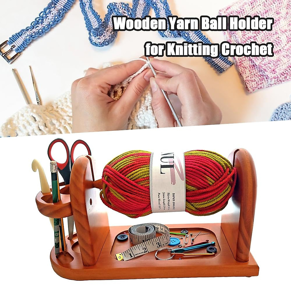 Generic Yarn Holder for Crocheting Wooden Yarn Rack Stand with Slots Yarn Storage Organizer Knitting & Crochet Supplies Horizontal Yarn Spinner Stable Yarn Ball Dispenser for Knitting Lovers, Brown
