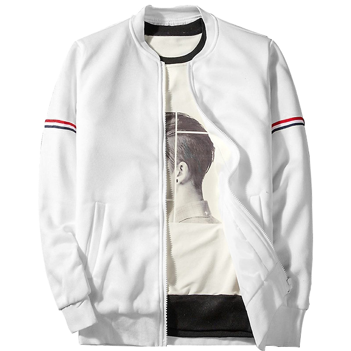 TUVEKE Men's Lightweight Jackets White Mens Bomber Jackets Spring Fall Full-Zip Polar Fleece Jacket Casual Outwear Coat XL