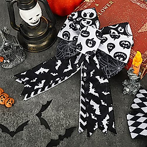 AnyDesign 6 Rolls Halloween Wired Edge Ribbons 30 Yards Bat Spider Web Pumpkin Print Craft Ribbon White Black Spooky Gift Wrapping Ribbon for Wreath Home Party DIY Craft Decoration Supplies