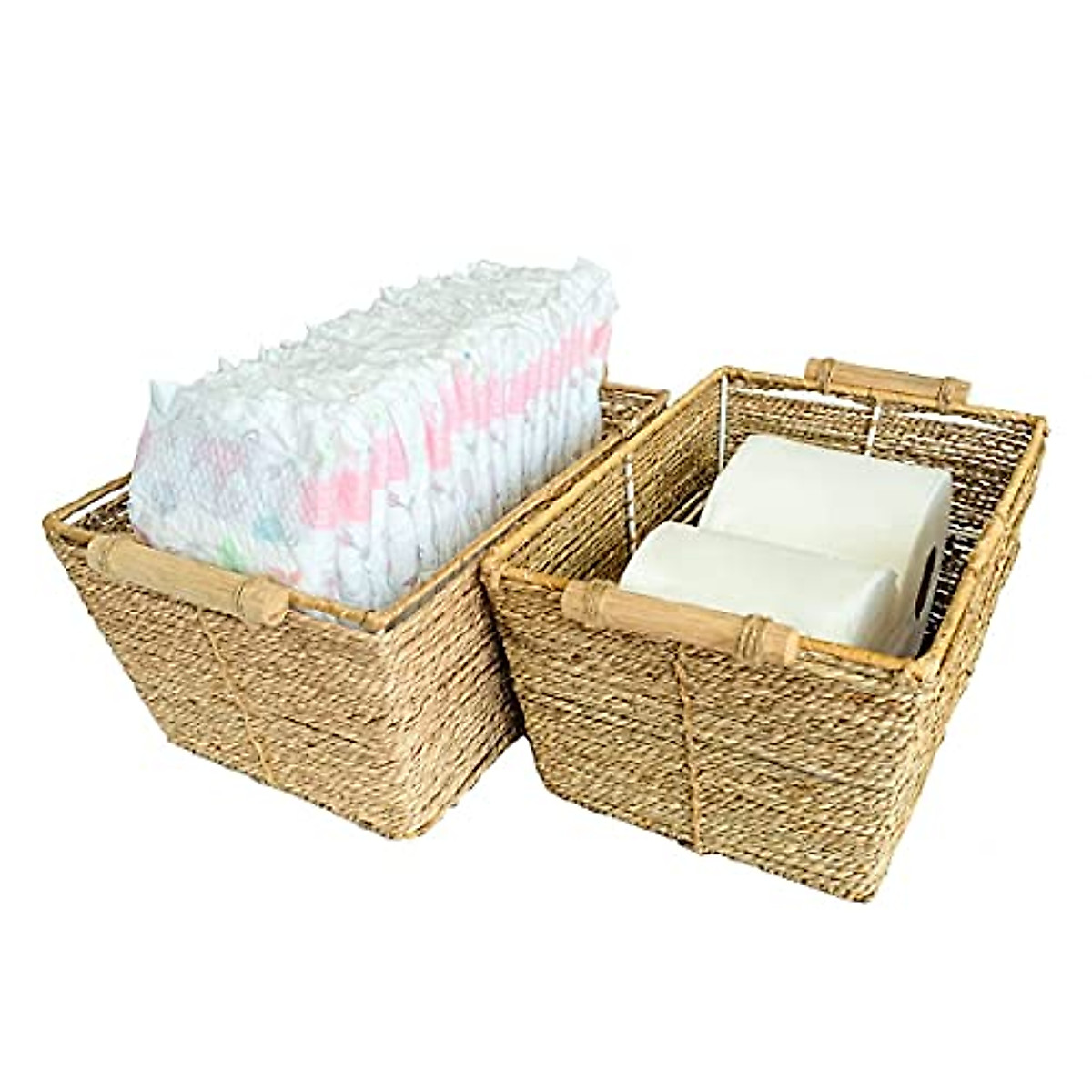 MARLIC Rectangular Seagrass Woven Storage Basket with Handles - Natural Seagrass Baskets for Organization and Storage - Medium - Trapezoid 12x8x6 IN (2)