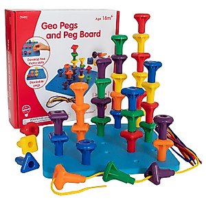 edxeducation Geo Pegs and Peg Board Set - 36 Pegs in 3 Shapes and 6 Colors + 3 Laces - Ages 18m+ - Homeschool Supplies for Preschool Activities