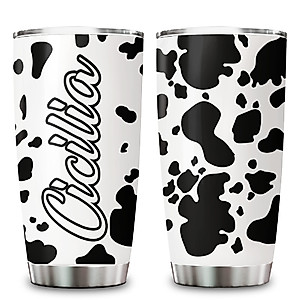 Hyturtle Personalized Gifts For Cow Lover - Birthday Christmas - Dairy Cow Print Custom Name Stainless Steel Tumbler 20oz With Straw Lid - Farm Lover Gifts For Her Women Girl Daughter Friend