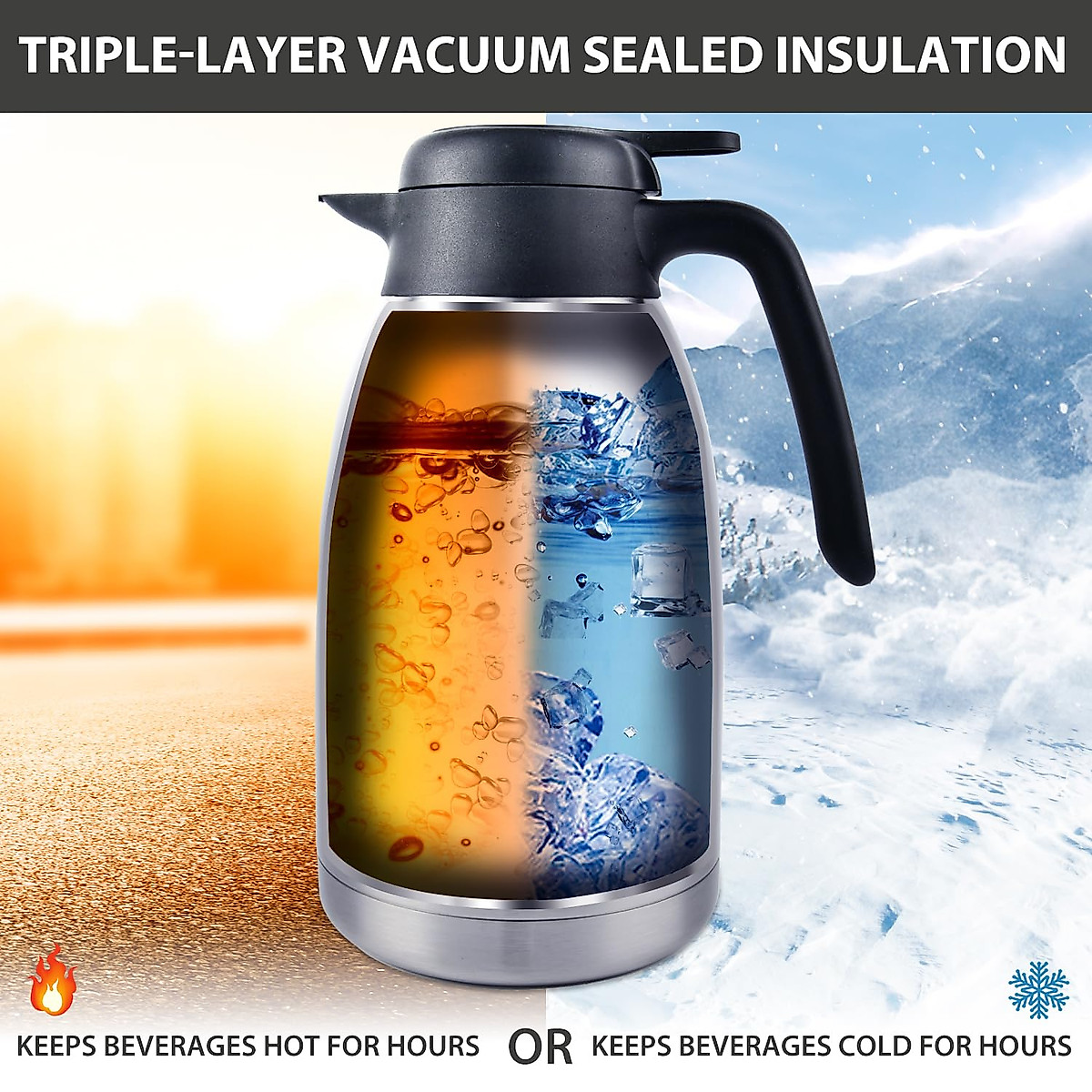 Heritage66 Thermal Coffee Carafe -Triple Wall Vacuum insulated Flask- Thermos keeping Beverages Hot for 12 hours /24 hours cold Tea, Water, and Coffee Dispenser (2 Liter/68Oz with Brush)