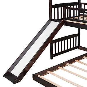 BIADNBZ L-Shaped House Bunk Bed, Twin Over Twin Size Beds with Slide and Roof, Wood Floor Bunkbed Frame, Space-Saving Design, Espresso