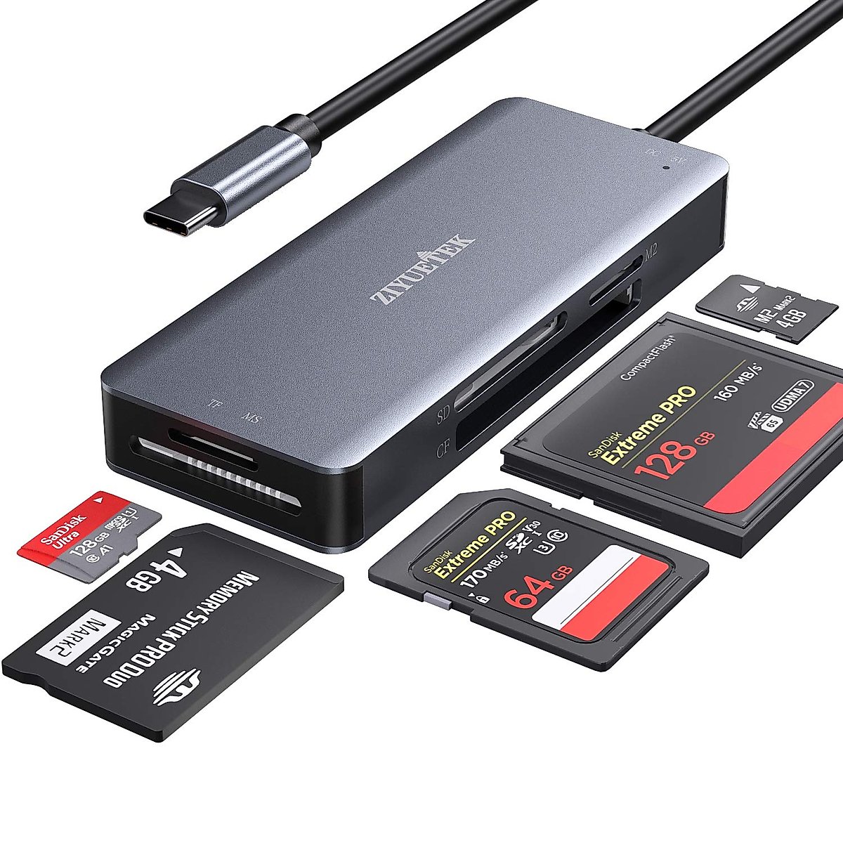 ZIYUETEK USB C SD Card Reader,5- in-1 Aluminum Thunderbolt 3 Memory Card Reader for CF, SD/SDHC,TF/Micro SD/MS/M2,CompactFlash Card for iPhone 15/16/Pro Max Android Windows MacBook