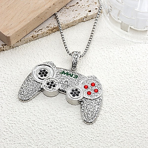 Rrdaily To My Son/Grandson Necklace Colorful Crystal Game Controller Necklaces Punk Hip Hop Friendship Necklace Game Console Necklace for Son/Grandson Best Friends (Silver)