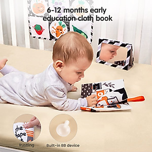 TUMAMA Baby Crib Black White Hanging Toy, Soft Cloth Shape Book, Crib Play Mats High Contrast Double Sides, Floor Mirror Books Letters Numbers Animals for Baby 0 3 6 9 12 Months