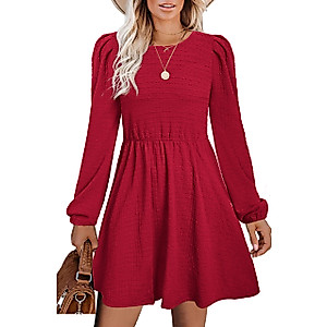 SAMPEEL Winter Womens Burgundy Dress Elegant Puff Sleeve Casual Christmas Dresses Knee Length M