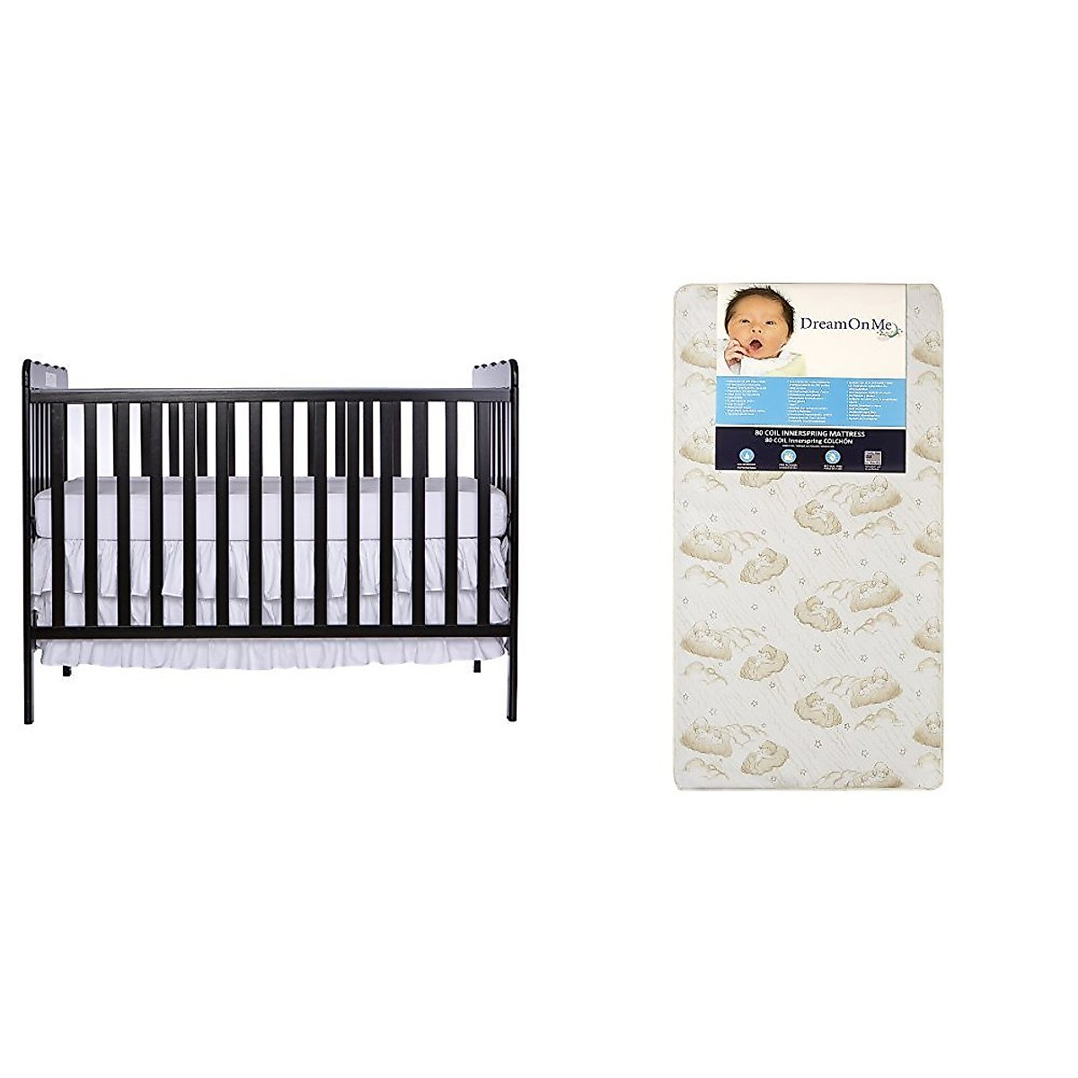 Dream On Me Classic 3 in 1 Convertible Stationary Side Crib with Dream On Me Spring Crib and Toddler Bed Mattress, Twilight