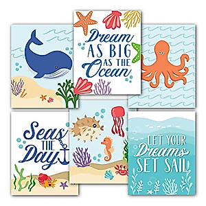 6 Reversible 8x10 Ocean Wall Art Prints, Beach Bathroom Decor Wall Art, Sea Turtle Wall Decor For Bedroom Posters For Kids, Ocean Wall Art Decor, Ocean Wall Decor For Room Posters Ocean Party Supplies