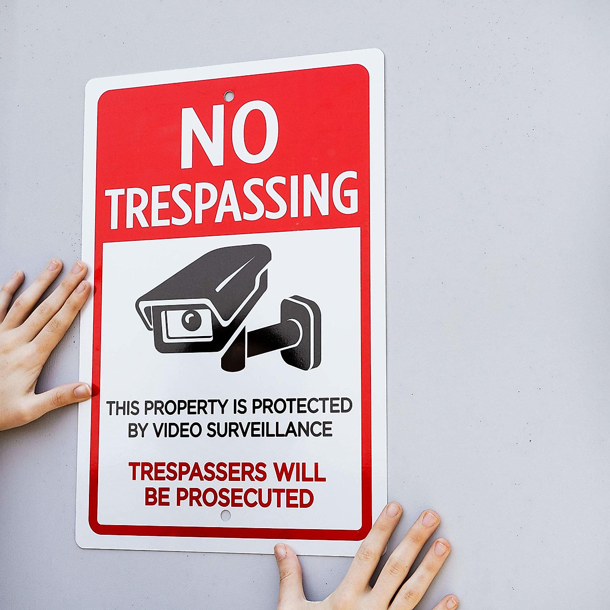 Bolthead Industrial No Trespassing Sign 3-Pack | 18inches x 12inches Reflective Video Surveillance Pre-Drilled Metal Industrial Warning Sign for Private Property, Parking Lots, Home Driveways, Yards, Businesses, Security Cameras