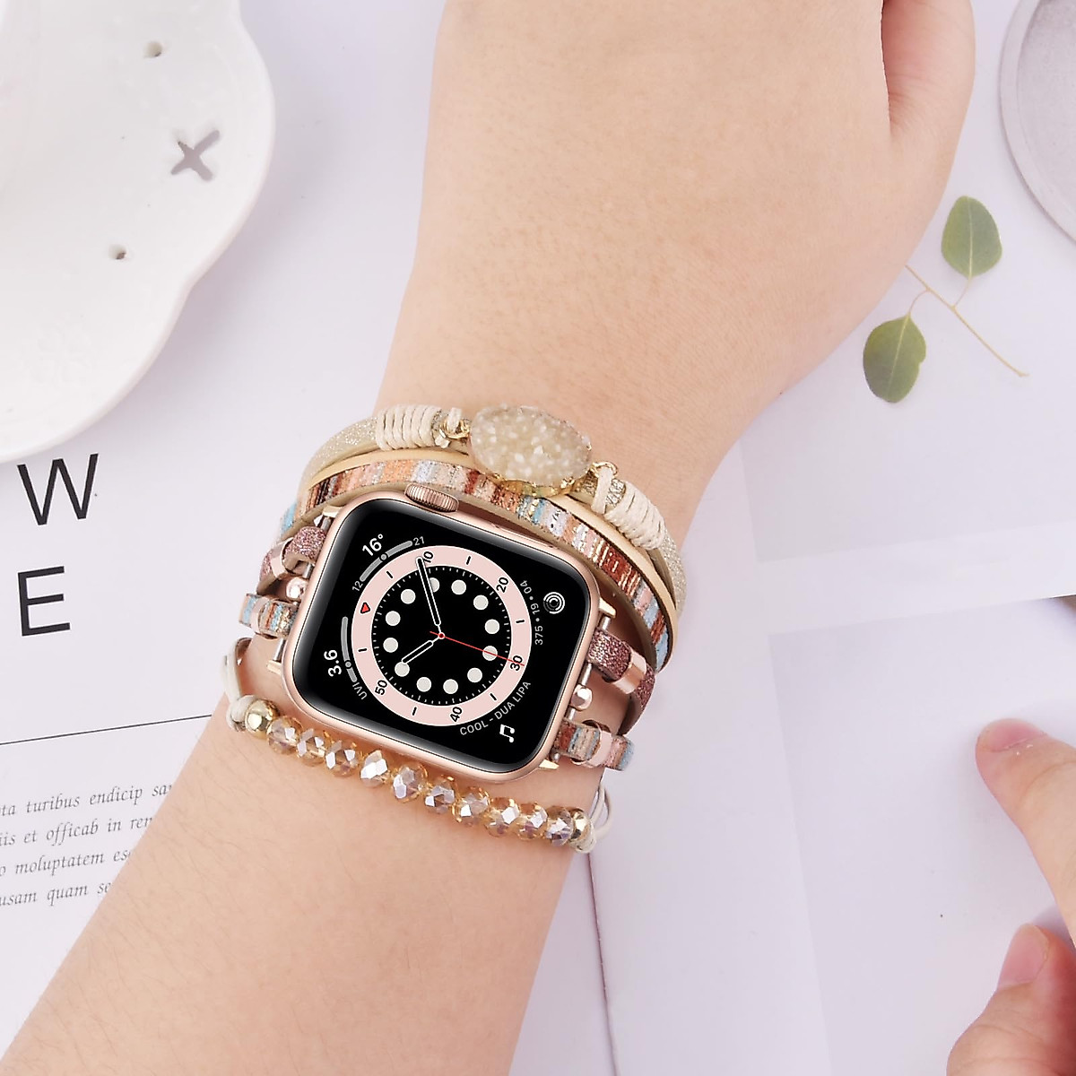 VISOOM Beaded Boho Bracelet Compatible for Apple Watch Band 40mm/38mm/41mm/42mm Series 10 9 8 7 SE Series 6/5/4 Women Leather Fashion Cute Handmade Multilayer Wrap Watch Strap for iWatch Bands 3/2/1