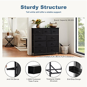DUMOS Dresser for Bedroom, Storage Drawers, Fabric Storage Tower with 9 Drawers, Chest of Drawers with Fabric Bins, Sturdy Metal Frame, Wood Tabletop for Kids Room, Closet, Entryway, Nursery