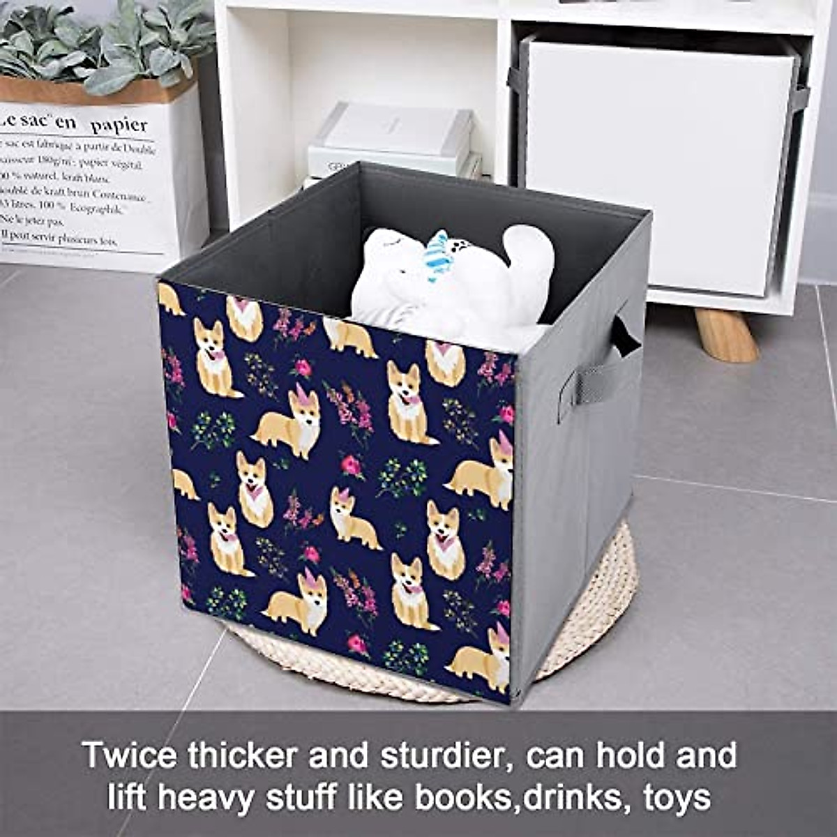 Corgi's Dog Storage Bins Cubes Foldable Fabric Organizers with Handles Clothes Bag Book Box Toys Basket for Shelves Closet 10.6"