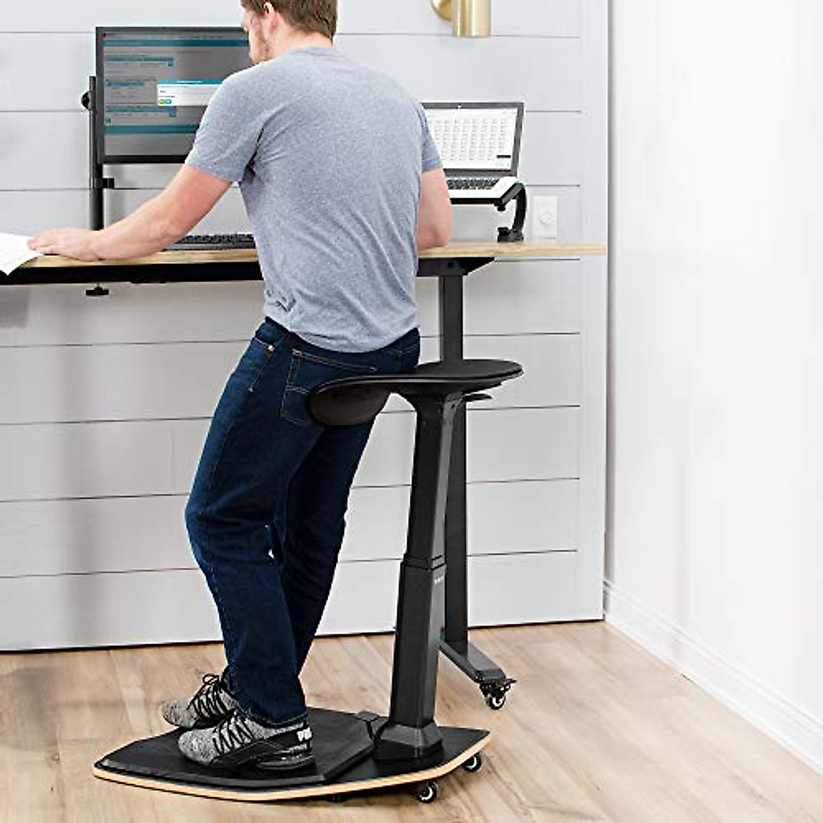 VIVO Ergonomic Leaning Perch Chair for Standing Desk, Portable Height Adjustable Posture Stool with Anti-Fatigue Mat for Home and Office, Black, CHAIR-S02M