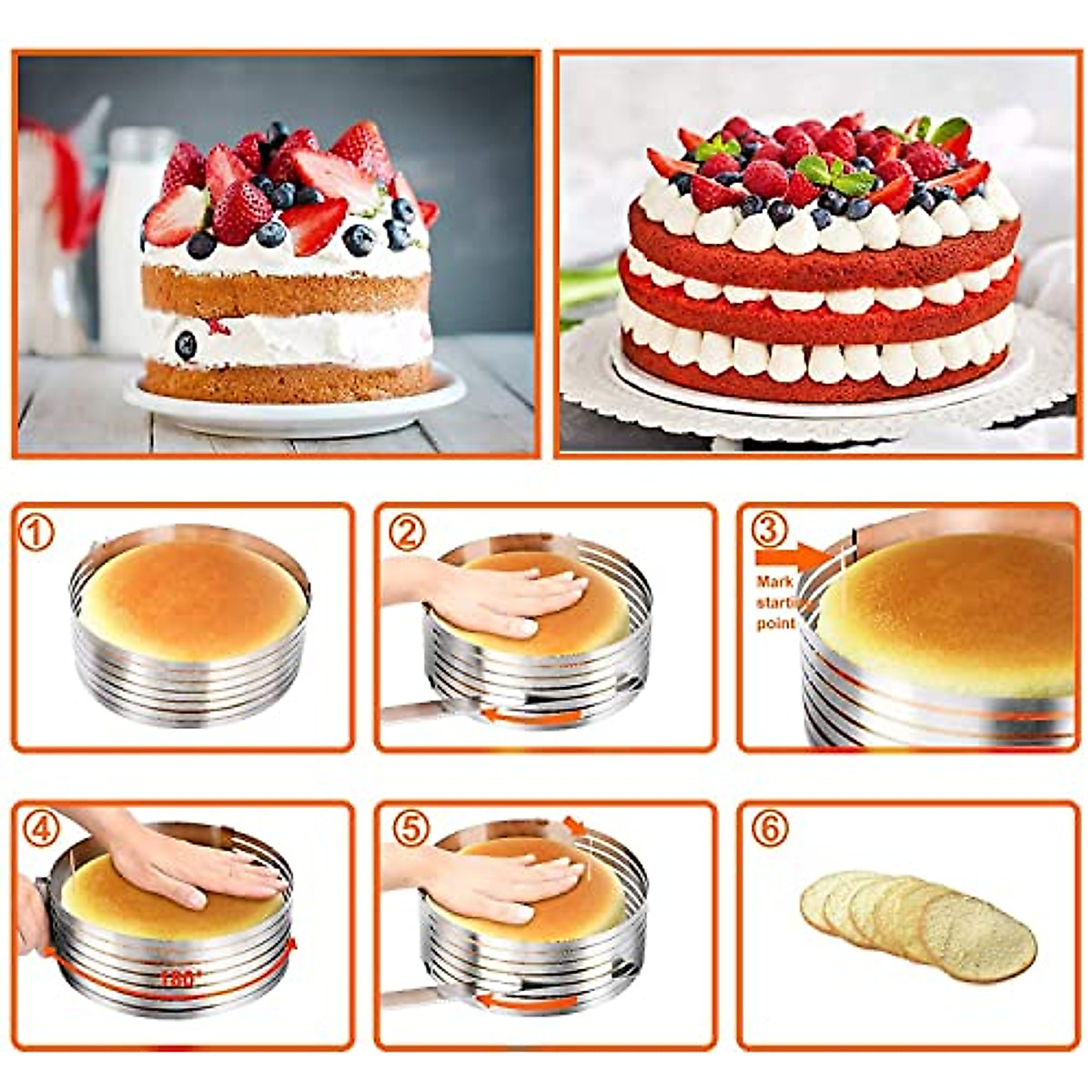 HAOYING 4 PCS Bakeware Set, 7-Layer Cake Slicer Cutter 9.5"-12",Cake Ring 6"-12", Square Cake Mold 6"-11", Heart Shape Cake Mold 4", Stainless Steel Pastry Slicing Rings Mousse Mould Baking Tools