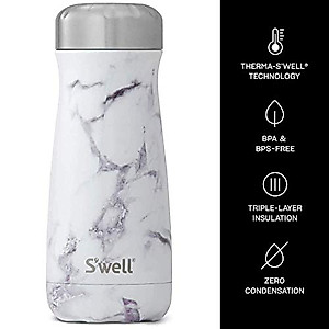 S'well Stainless Steel Traveler - 16 Fl Oz - White Marble - Triple-Layered Vacuum-Insulated Travel Mug Keeps Coffee, Tea and Drinks Cold for 24 Hours and Hot for 12 - BPA-Free Water Bottle
