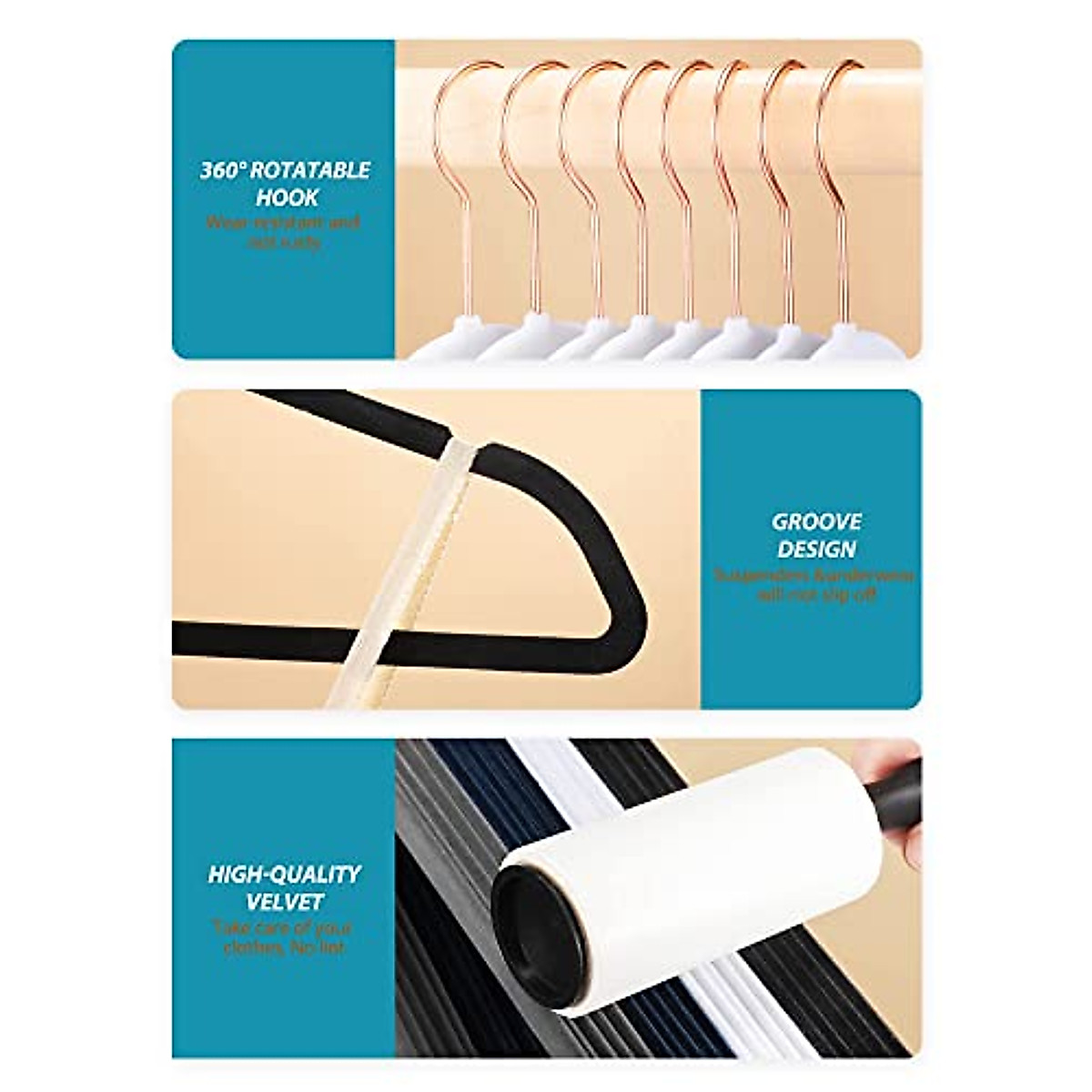 Smartor Velvet Hangers 50 Pack, Black Felt Hangers Non Slip with Rose Gold Hook, Premium Felt Hangers for Adult, Heavy Duty Velvet Hanger for Coat, Suit, Short, Skirt, Dress (Black)