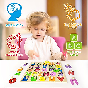Alphabet Wooden Peg Puzzles Educational Learning Jigsaws Puzzles with Board Knob ABC Letters Alphabet Toys for Toddlers 1 2 3 4 5,Great Preschool Gifts for Girls and Boys