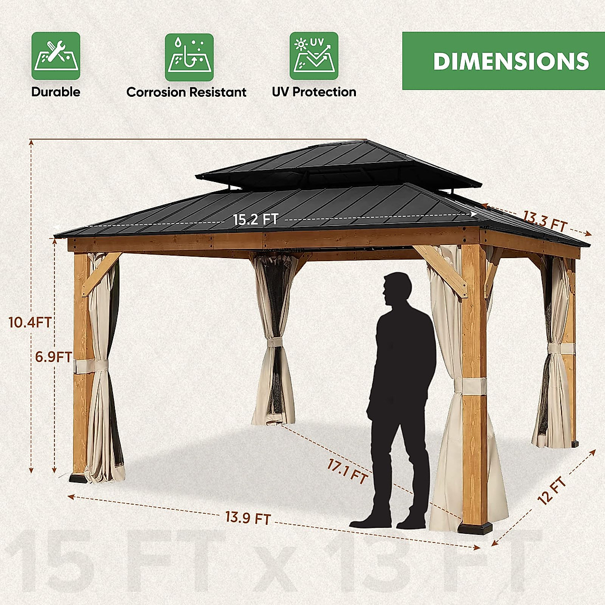 EAGLE PEAK 13x15 Hardtop Gazebo, Galvanized Steel Double Roof Gazebo with Cedar Wood Frame, Outdoor Pavilion with Netting and Curtains for Patio, Deck, Lawn and Garden, Natural Wood/Black