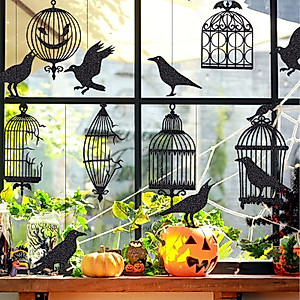 Cheerland Glitter Black Crow Cage Decorations for Gothic Halloween Stickers Decals Tree Hanging Decorations Raven Bird and Cage Banner Garland Backdrop for Horror Theme Birthday Party Supplies