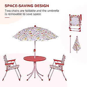 Outsunny Kids Folding Picnic Table and Chairs Set Rabbit Pattern for Outdoor Garden Patio Backyard with Removable & Height Adjustable Sun Umbrella, Red