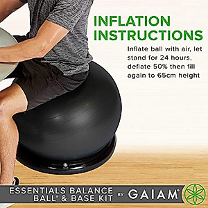 Gaiam Essentials Balance Ball & Base Kit, 65cm Yoga Ball Chair, Exercise Ball with Inflatable Ring Base for Home or Office Desk, Includes Air Pump, Black