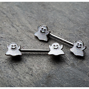 Pierced Owl 14GA 316L Stainless Steel Happy Little Ghost Ends Nipple Barbells, Sold as a Pair (Silver Tone)
