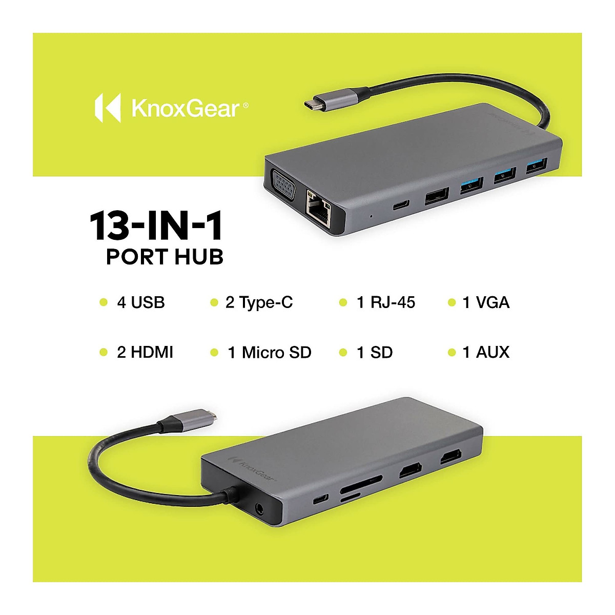 Knox Gear Kernel 13-in-1 USB-C Power Delivery Charging Port Hub, USB C Hub, 2 HDMI Ports, SD and MicroSD Card Slots, Data Transfer Rate of 5 Gbps, Multiport Adapter Compatible with Mac and PC Devices